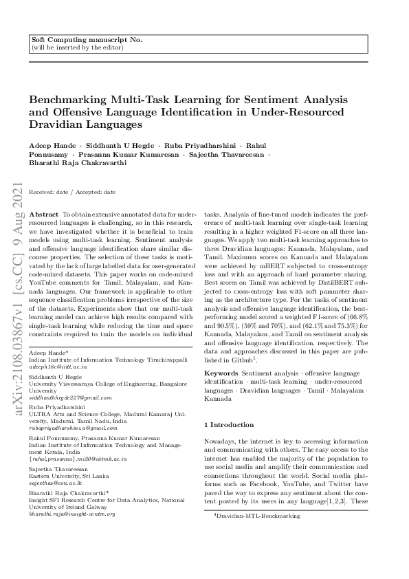 Pdf Benchmarking Multi Task Learning For Sentiment Analysis And Offensive Language