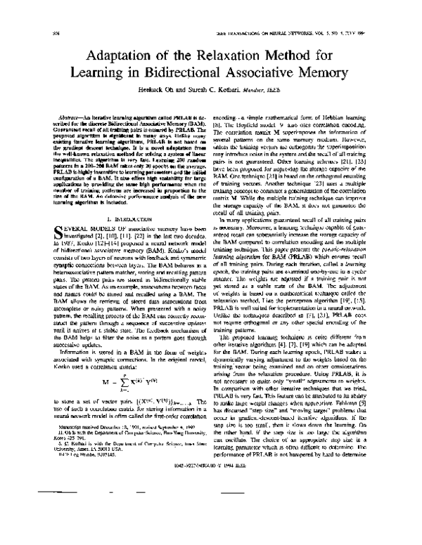 (PDF) Adaptation of the relaxation method for learning in bidirectional associative memory