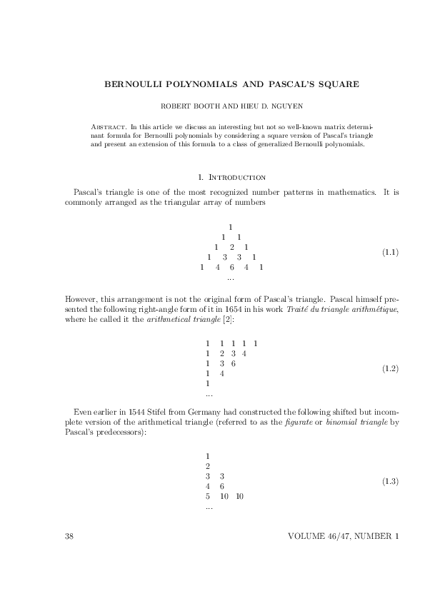 Pdf Bernoulli Polynomials And Pascals Square Hiếu Nguyễn