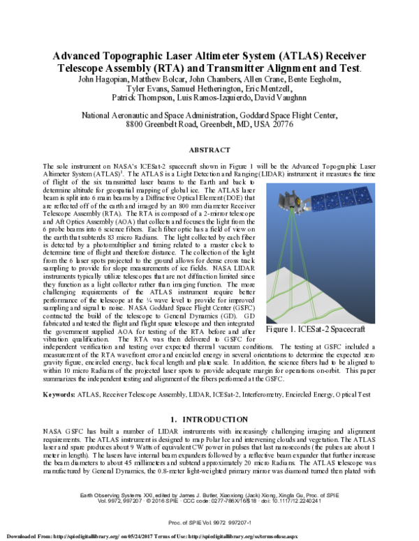 (PDF) Advanced topographic laser altimeter system (ATLAS) receiver telescope assembly (RTA) and ...
