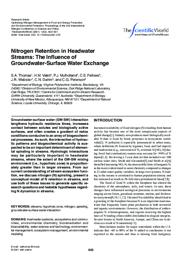 (PDF) Nitrogen retention in headwater streams: the influence of ...