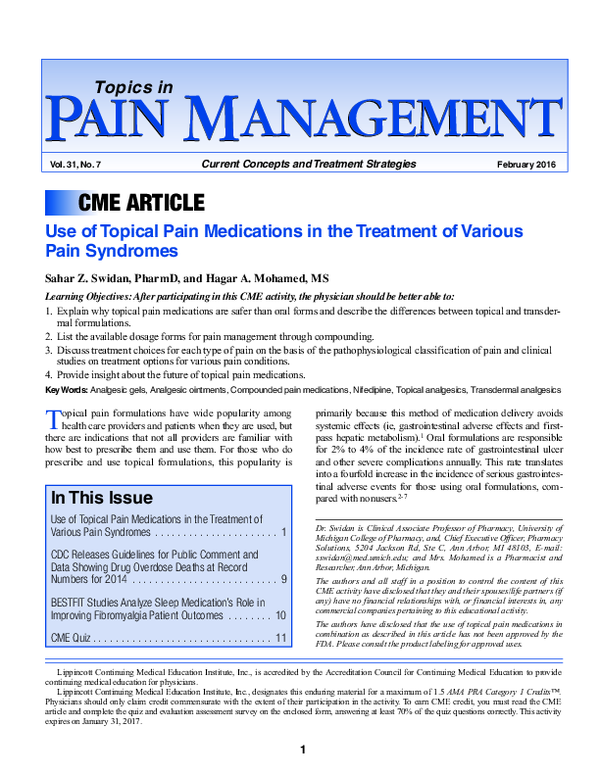 (PDF) Topical Pain Medications: Usage in Pain Management