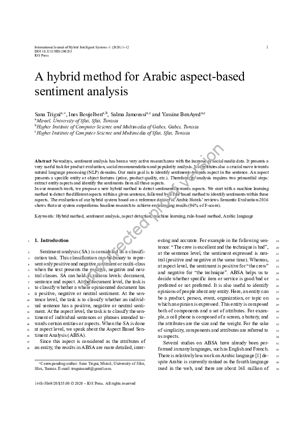 Pdf A Hybrid Method For Arabic Aspect Based Sentiment Analysis