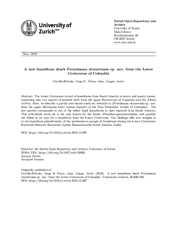 (PDF) A new lamniform shark Protolamna ricaurtei sp. nov. from the ...