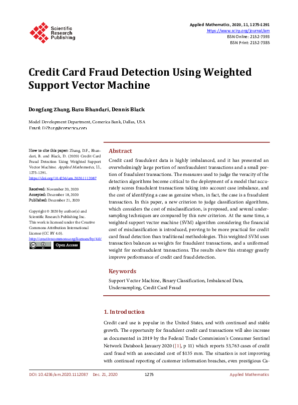 (PDF) Credit Card Fraud Detection Using Weighted Support Vector Machine