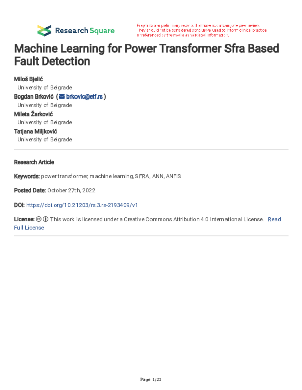 (PDF) Machine Learning for Power Transformer Sfra Based Fault Detection