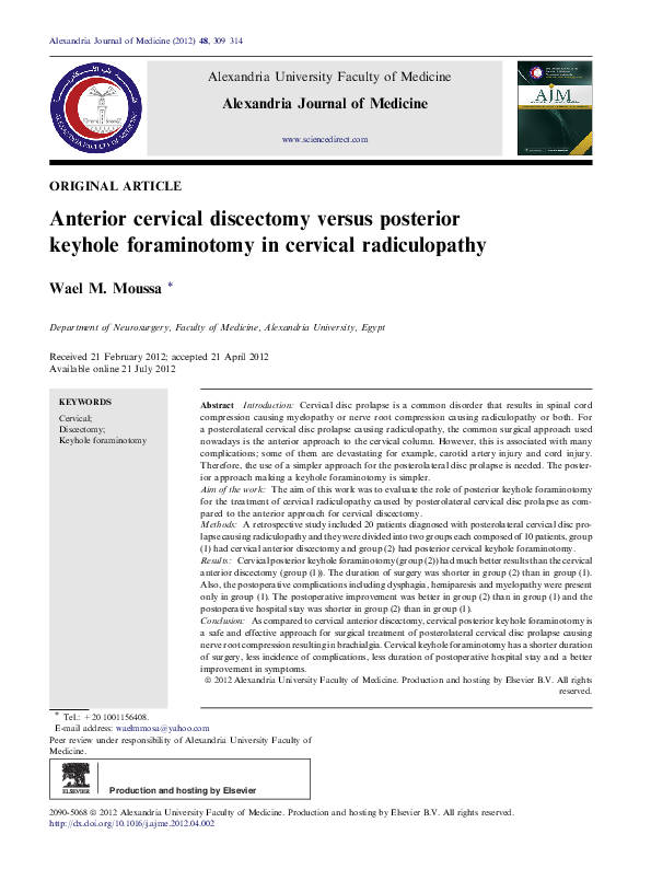 (PDF) Anterior cervical discectomy versus posterior keyhole ...