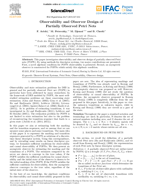 (PDF) Observability and Observer Design of Partially Observed Petri Nets