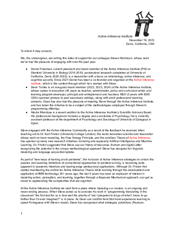 (PDF) Active Inference Institute Letter of Recommendation