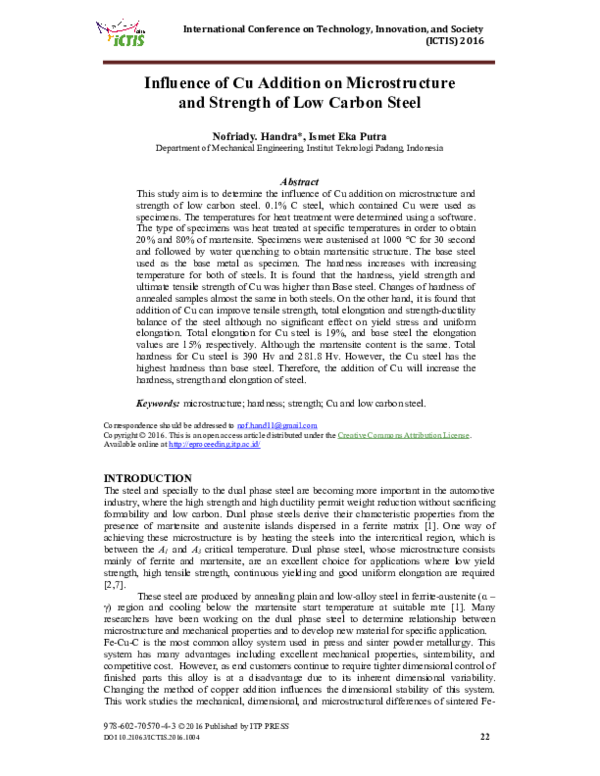 (PDF) Influence of Cu Addition on Microstructure and Strength of Low Carbon Steel