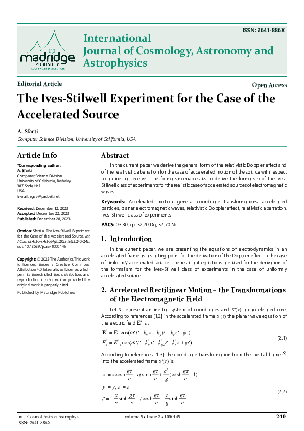 (PDF) The Ives - Stilwell Experiment for the Case of Accelerated Source