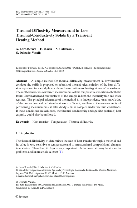 (PDF) Thermal-Diffusivity Measurement in Low Thermal-Conductivity Solids by a Transient Heating ...