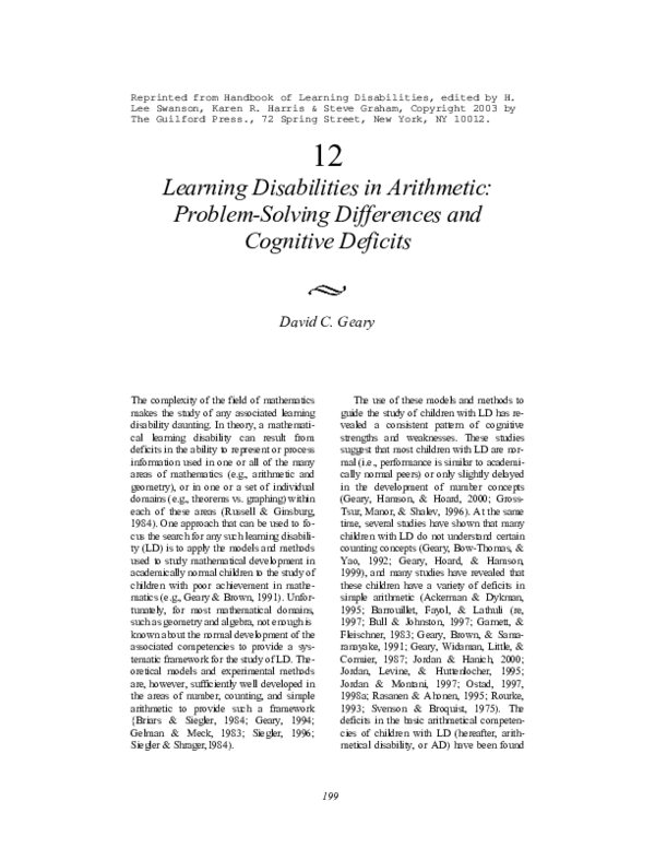 (PDF) Learning disabilities in arithmetic: Problem-solving differences and cognitive deficits