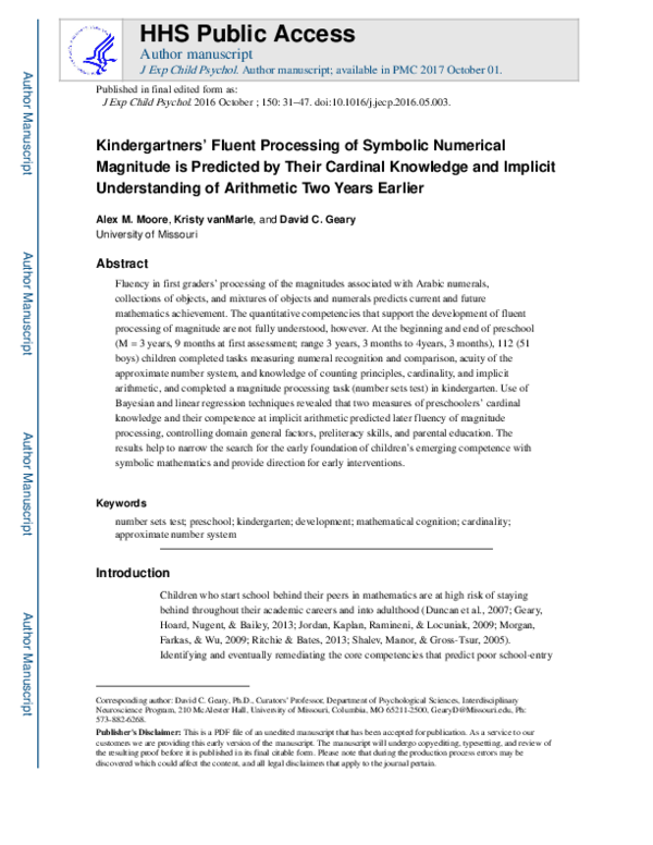 (PDF) Kindergartners' fluent processing of symbolic numerical magnitude is predicted by their ...