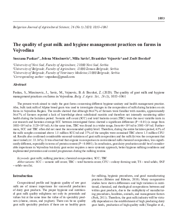 (PDF) The quality of goat milk and hygiene management practices on ...