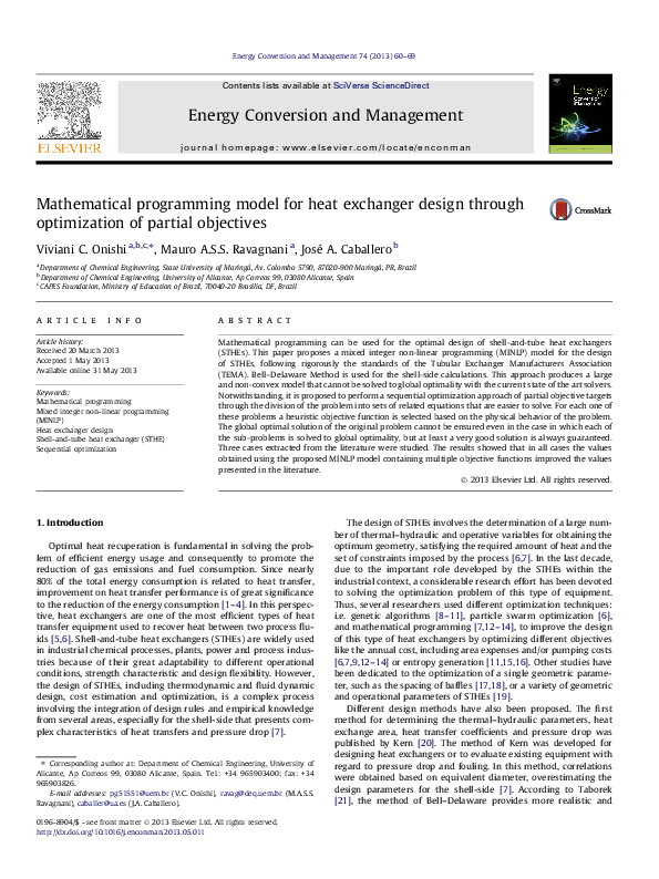 (PDF) Mathematical Programming Model for Heat-Exchanger Network Synthesis Including Detailed ...
