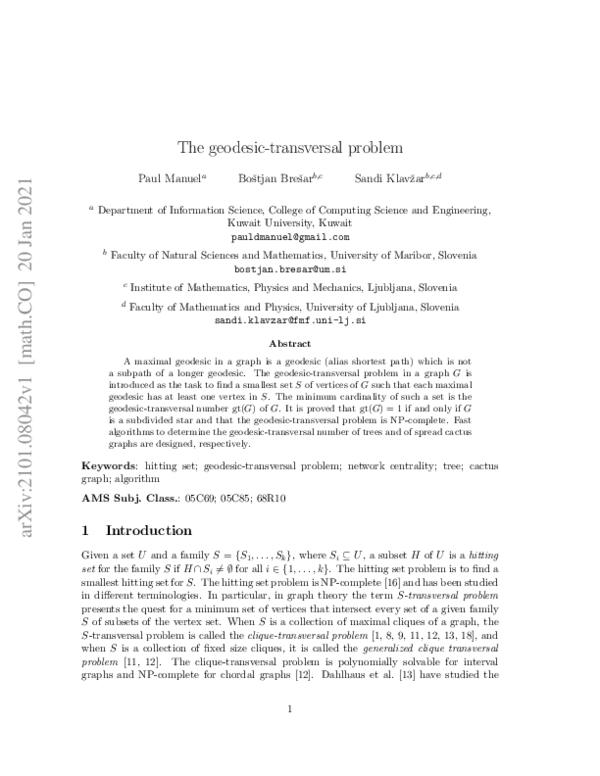 (PDF) The geodesic-transversal problem