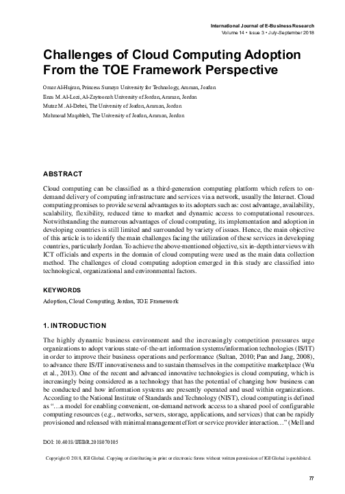 (PDF) Challenges of Cloud Computing Adoption From the TOE Framework Perspective
