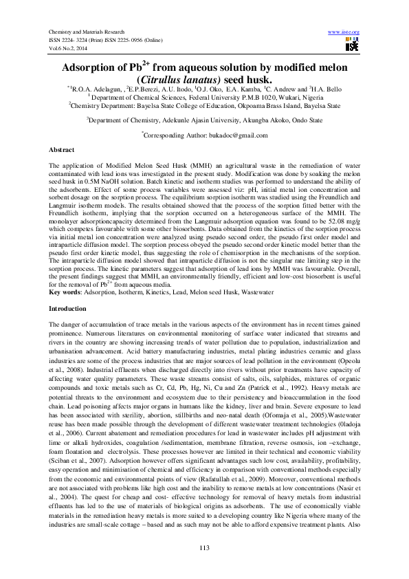 (PDF) Adsorption of Pb2+ from aqueous solution by modified melon (Citrullus lanatus) seed husk
