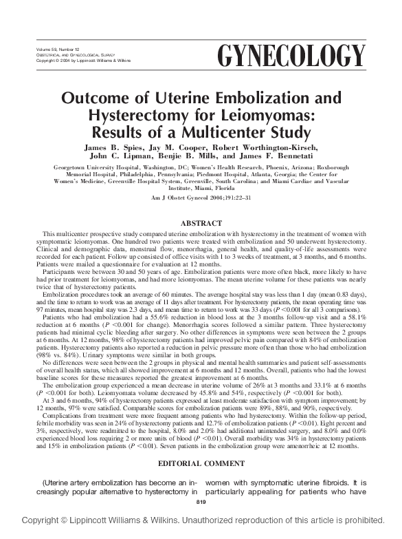 (PDF) Outcome of Uterine Embolization and Hysterectomy for Leiomyomas ...