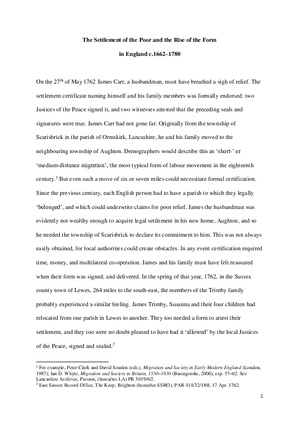 (PDF) The Settlement of the Poor and the Rise of the Form in England, c ...