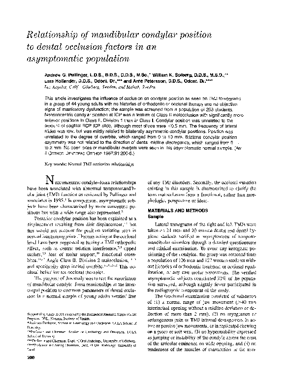 (PDF) Relationship of mandibular condylar position to dental occlusion ...