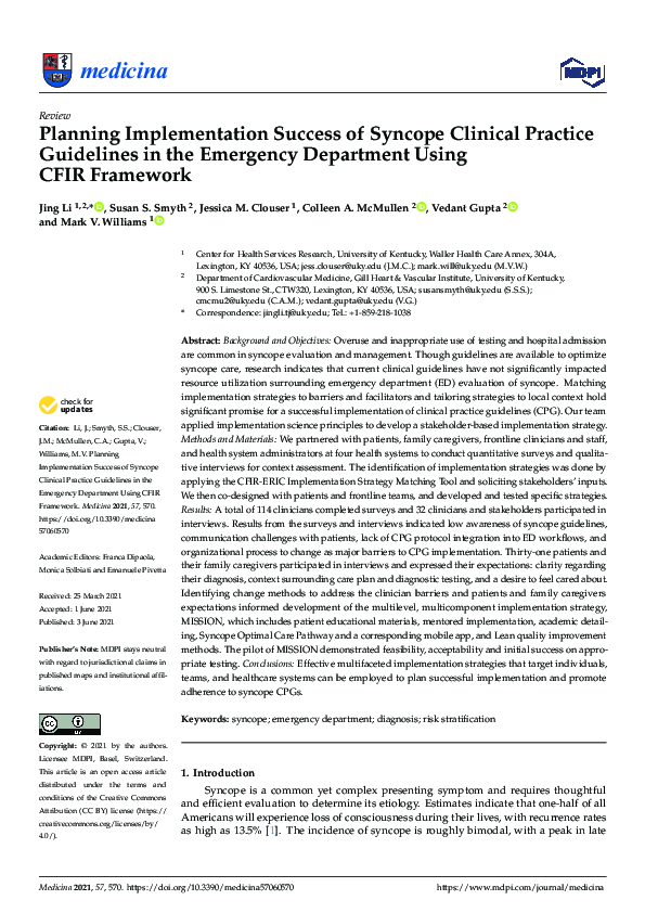 (PDF) Planning Implementation Success of Syncope Clinical Practice Guidelines in the Emergency ...