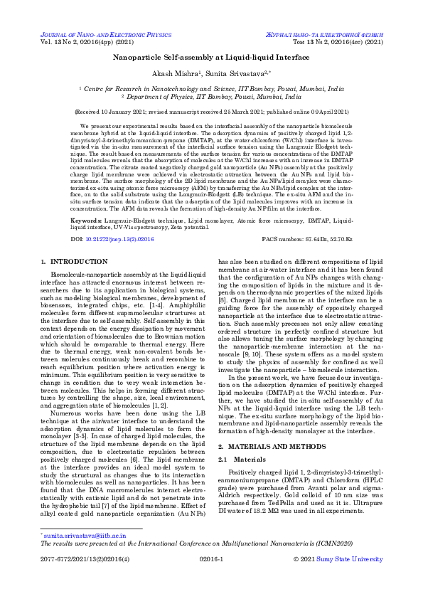 (PDF) Nanoparticle Self-assembly at Liquid-liquid Interface