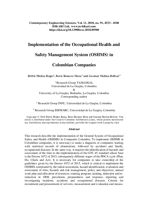 (PDF) Implementation of the occupational health and safety management ...