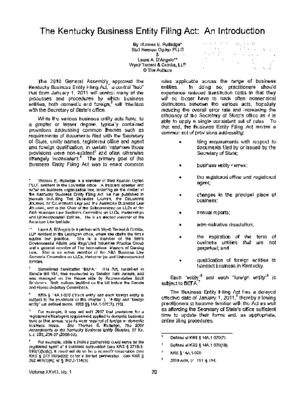 (PDF) The Kentucky Business Entity Filing Act: An Introduction