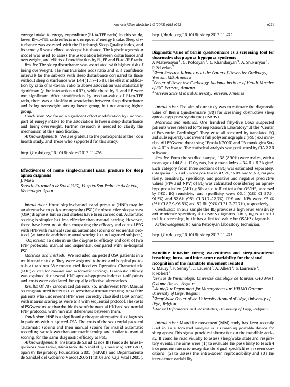 (PDF) Diagnostic value of berlin questionnaire as a screening tool for ...