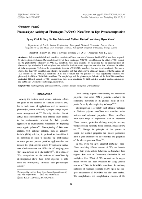(PDF) Photocatalytic Activity of Electrospun PAN/TiO2Nanofibers in Dye ...
