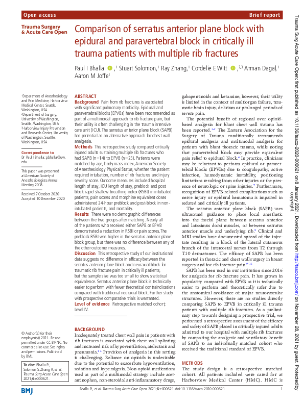 (PDF) Comparison of serratus anterior plane block with epidural and ...