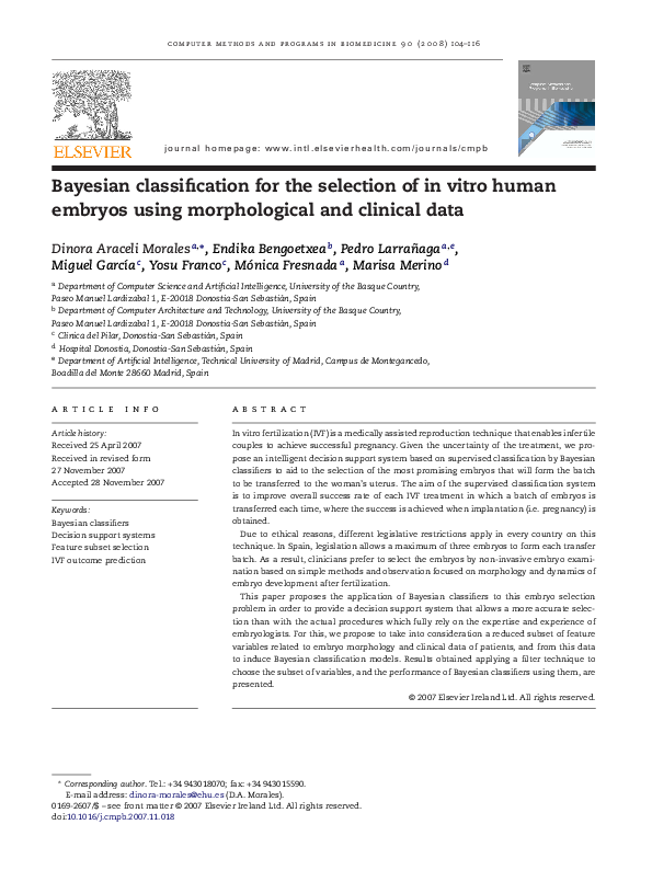 (PDF) Bayesian classification for the selection of in vitro human embryos using morphological ...