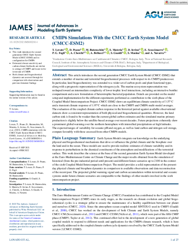 (PDF) CMIP6 Simulations With the CMCC Earth System Model (CMCC‐ESM2)