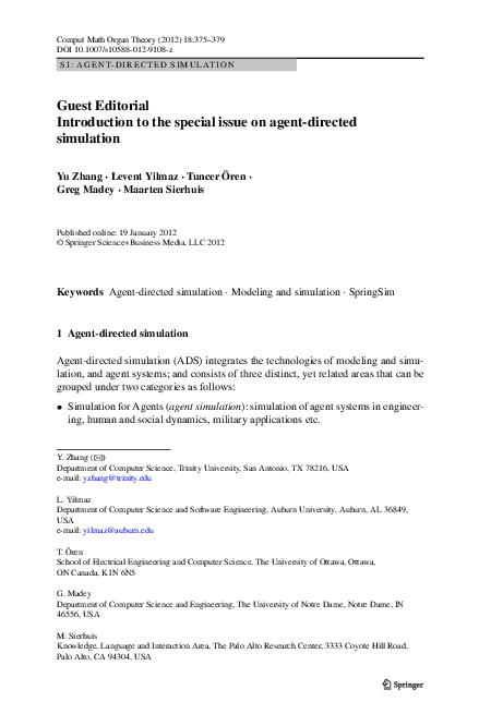 (PDF) Guest Editorial Introduction to the special issue on agent-directed simulation