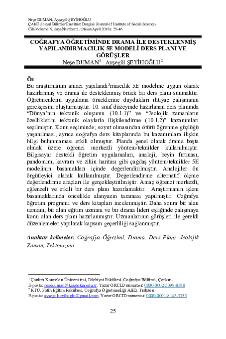(PDF) Coğrafya Öğretiminde Drama ile Desteklenmiş Yapılandırmacılık 5E Modeli Ders Planı ve Görüşler