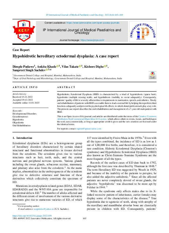 Pdf Hypohidrotic Hereditary Ectodermal Dysplasia A Case Report