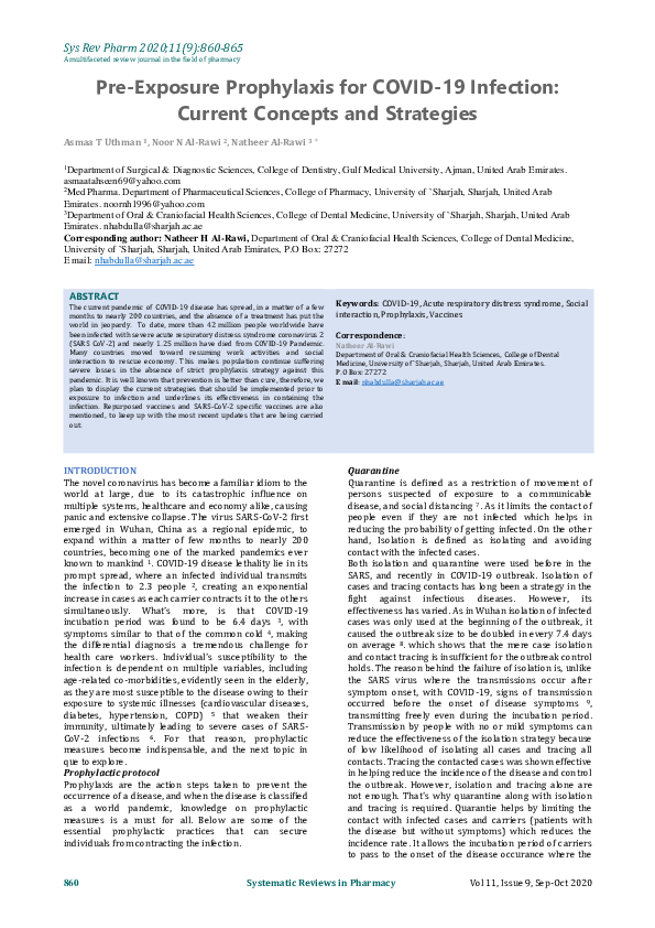 (PDF) Pre-exposure prophylaxis for COVID-19 infection: Current concepts ...