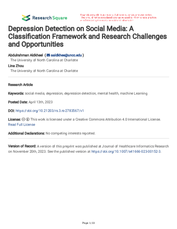 (PDF) Depression Detection on Social Media: A Classification Framework ...