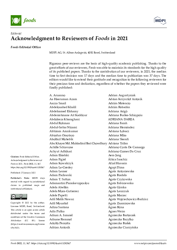 (PDF) Acknowledgment to Reviewers of Foods in 2021