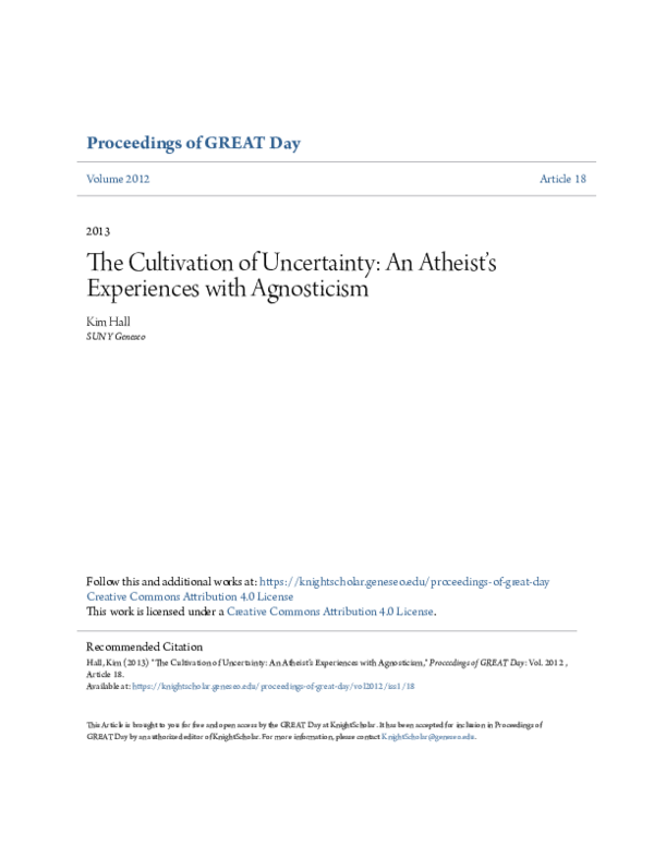 (PDF) The Cultivation of Uncertainty: An Atheist's Experiences With ...