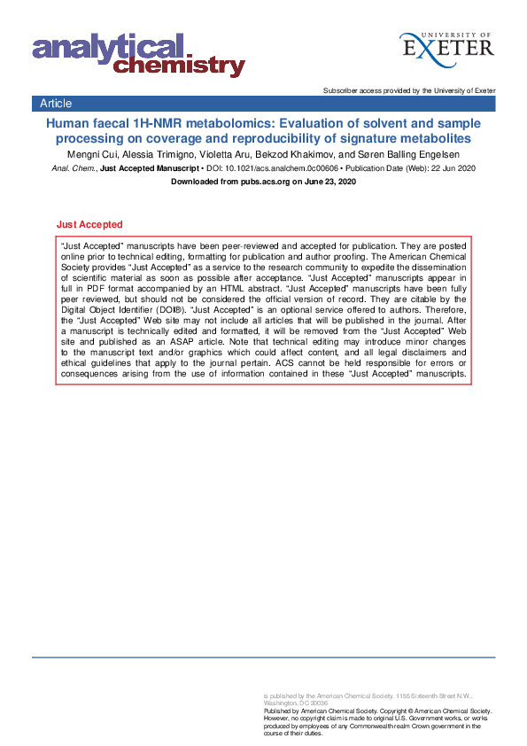 (PDF) Human Faecal 1H NMR Metabolomics: Evaluation of Solvent and ...