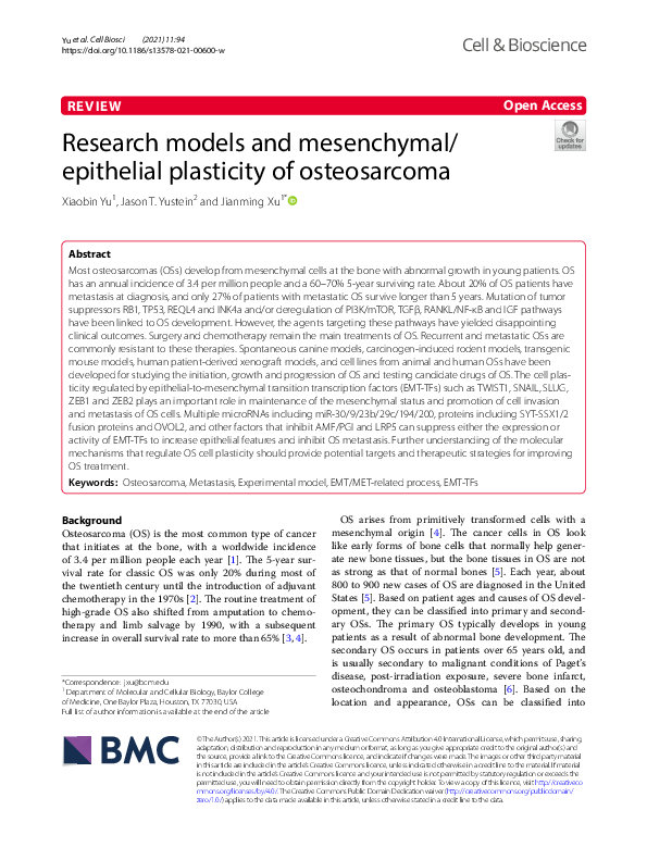 (PDF) Research models and mesenchymal/epithelial plasticity of osteosarcoma