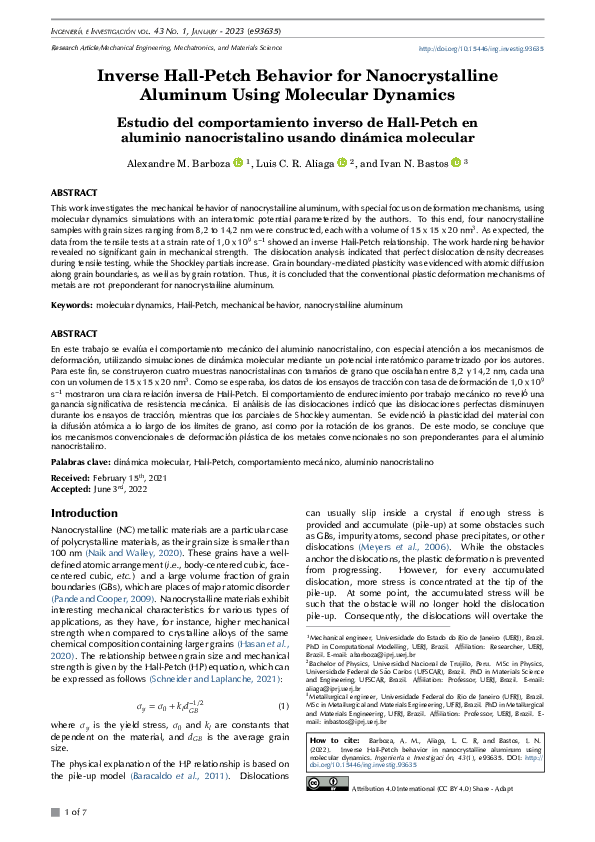 (PDF) Inverse Hall-Petch Behavior in Nanocrystalline Aluminum Using ...