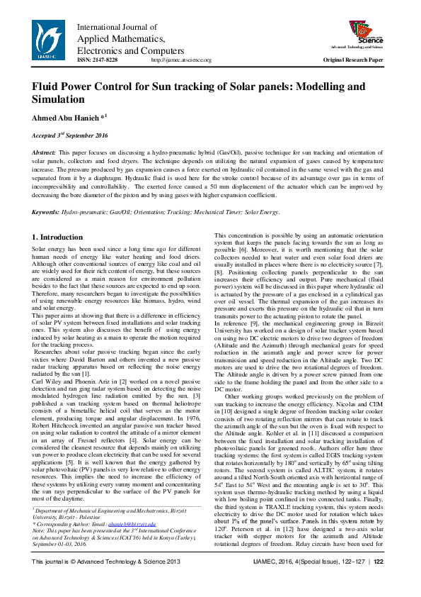 (PDF) Fluid Power Control for Sun tracking of Solar panels: Modelling and Simulation