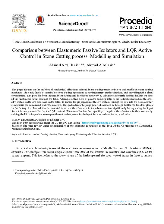 (PDF) Comparison between Elastomeric Passive Isolators and LQR Active Control in Stone Cutting ...