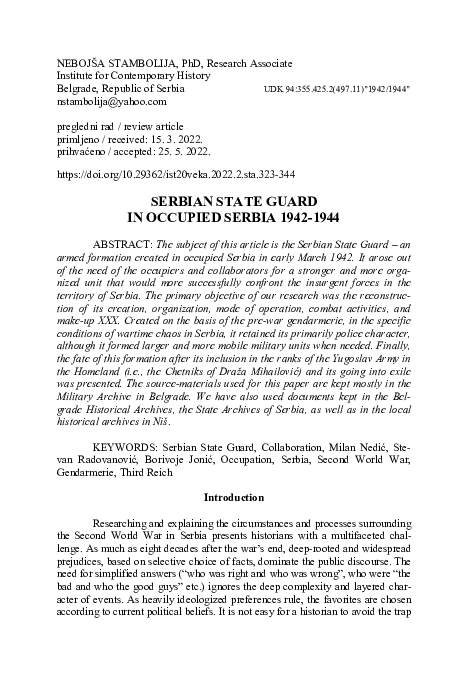 (PDF) Serbian State Guard in Occupied Serbia 1942-1944