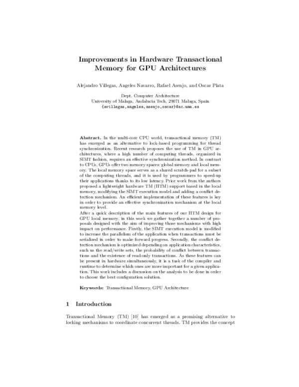 Pdf Improvements In Hardware Transactional Memory For Gpu Architectures