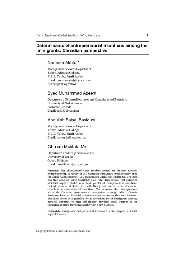(PDF) Determinants of entrepreneurial intentions among the immigrants ...
